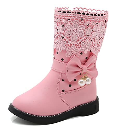 DADAWEN Girl's Waterproof Lace Bowknot Side Zipper Fur Winter Boots (Toddler/Little Kid/Big Kid) Pink(Update) US Size 2 M Little Kid