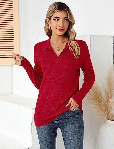 Romanstii Collared Sweaters for Women Knitted Long Sleeve V Neck Fitted Polo Shirts Trendy Winter Pullover Tops,Red,M