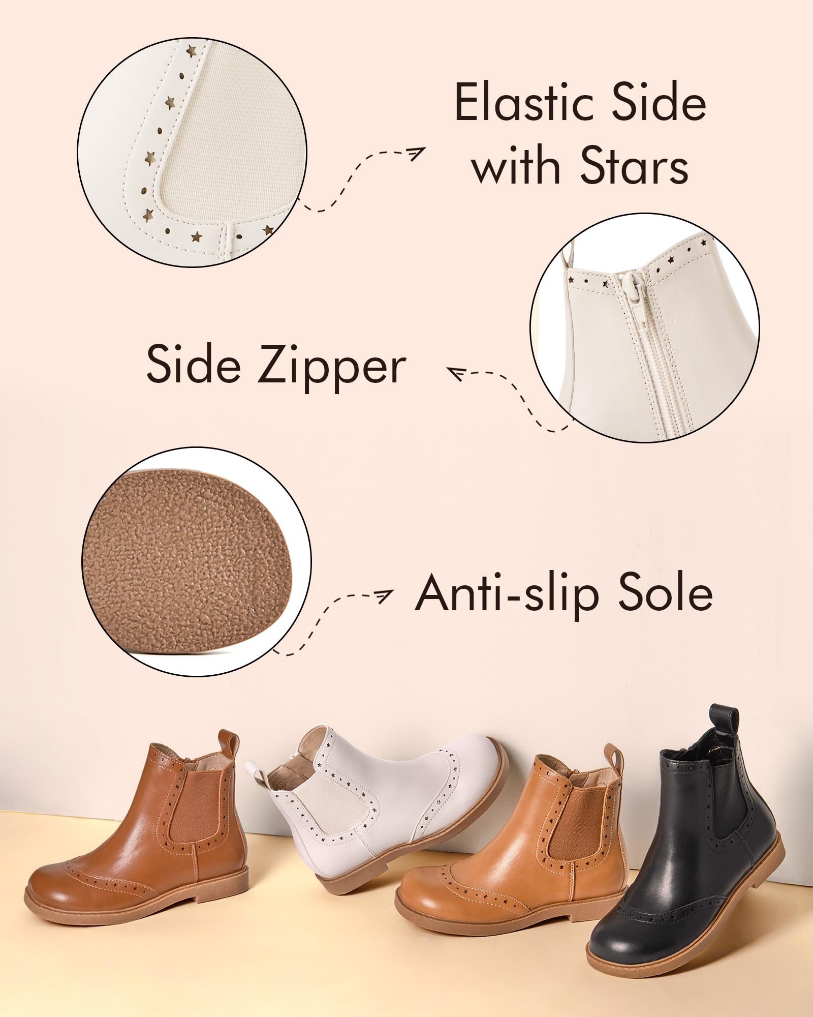 Coutgo Girls Chelsea Ankle Boots Side Zipper Comfortable Combat Dress Booties for Toddler/Little Kid/Big Kids, Beige, Size 2