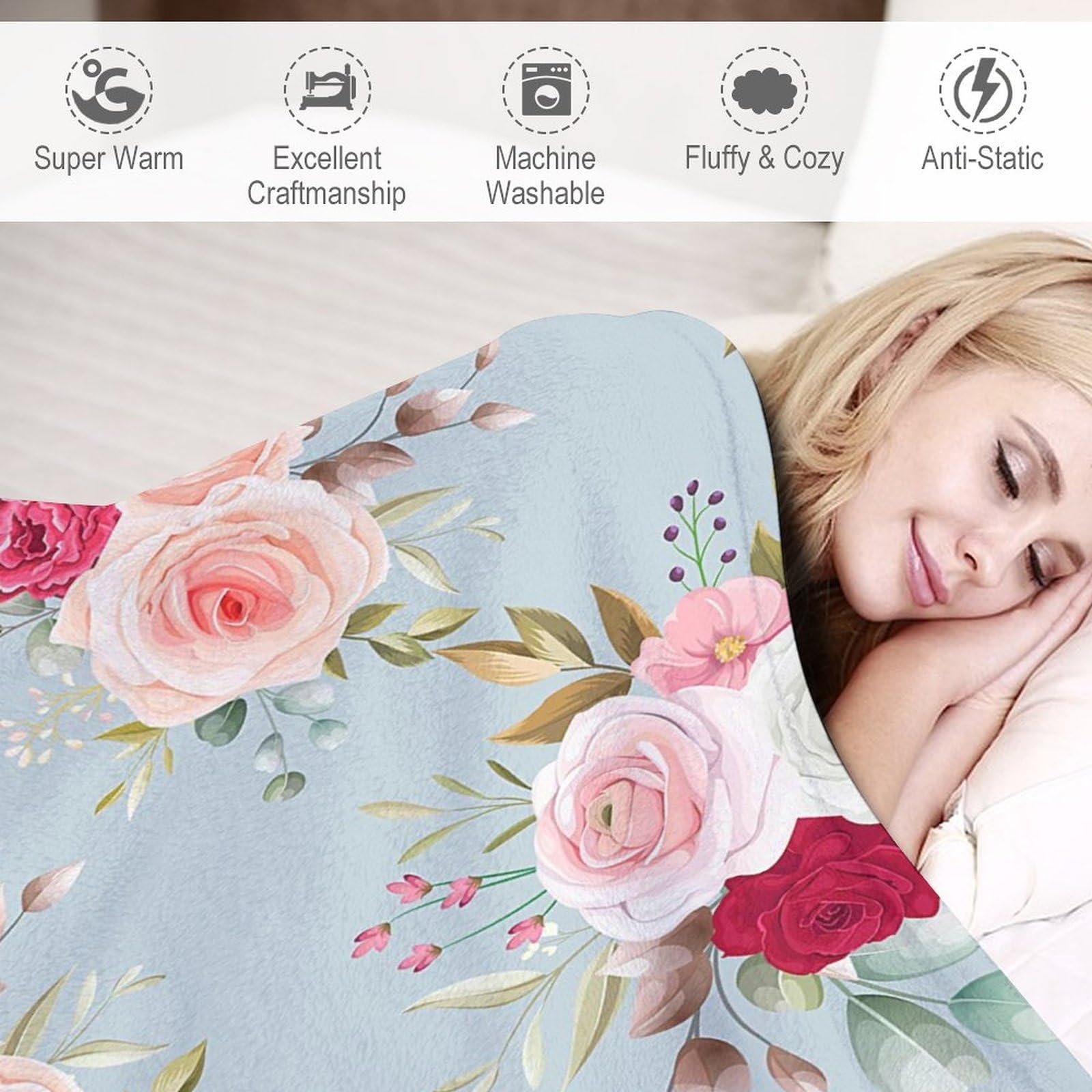 Floral Twig Theme Blanket, Bird On A Twig, Blue Background Theme Flannel Soft Blanket, Women Women Sofa Warm Blanket 60"x80"