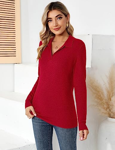 Romanstii Collared Sweaters for Women Knitted Long Sleeve V Neck Fitted Polo Shirts Trendy Winter Pullover Tops,Red,M