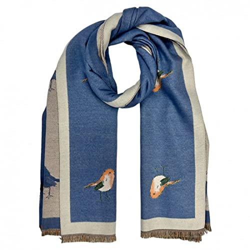 OgLuxe Women Ladies Cashmere Blend Soft Warm Blanket Comfy Winter Long Cosy Robin Print Bird Shawl & Wrap Scarf BLUE