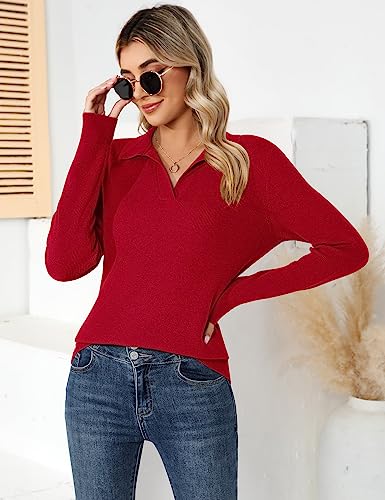 Romanstii Collared Sweaters for Women Knitted Long Sleeve V Neck Fitted Polo Shirts Trendy Winter Pullover Tops,Red,M