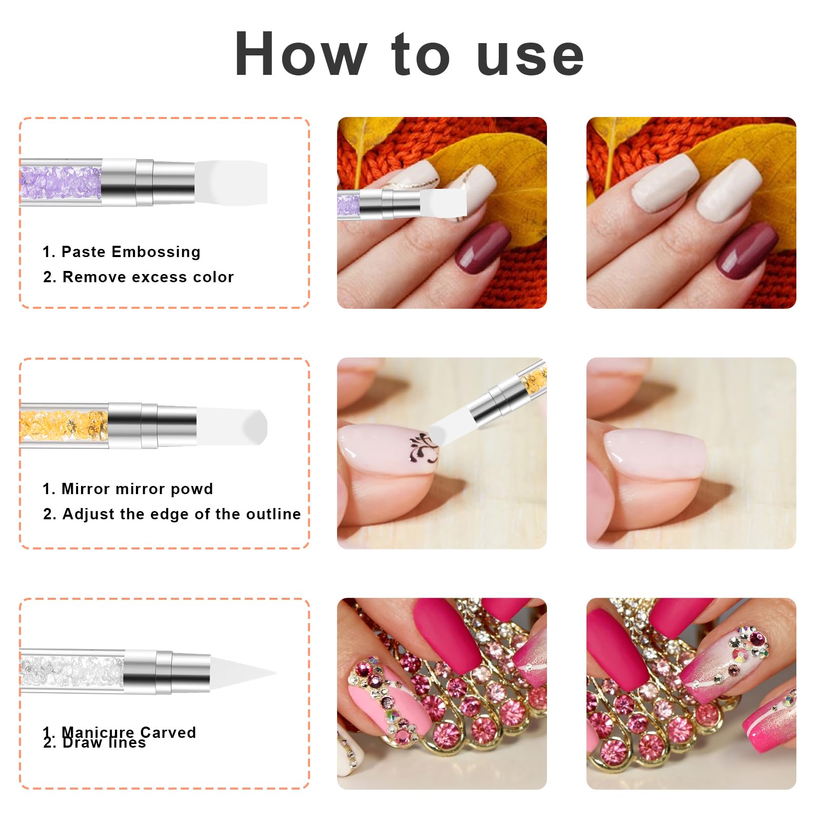 8 PCS Silicone Nail Art Acrylic Pen Brushes Rhinestone Nail Polish Carving Pen Dual Tipped Rubber Tip Nail Brushes for Design Nail Foil Carving Drawing and 3D Effect Shaping Drawing Dotting Tools