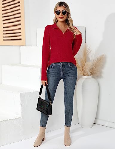 Romanstii Collared Sweaters for Women Knitted Long Sleeve V Neck Fitted Polo Shirts Trendy Winter Pullover Tops,Red,M