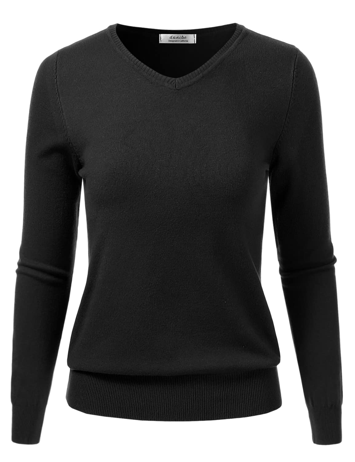 danibe Women's V-Neck Long Sleeve Pullover Soft Knitted Sweater Black M