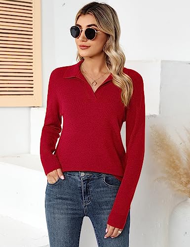 Romanstii Collared Sweaters for Women Knitted Long Sleeve V Neck Fitted Polo Shirts Trendy Winter Pullover Tops,Red,M