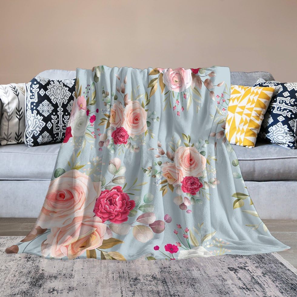 Floral Twig Theme Blanket, Bird On A Twig, Blue Background Theme Flannel Soft Blanket, Women Women Sofa Warm Blanket 60"x80"
