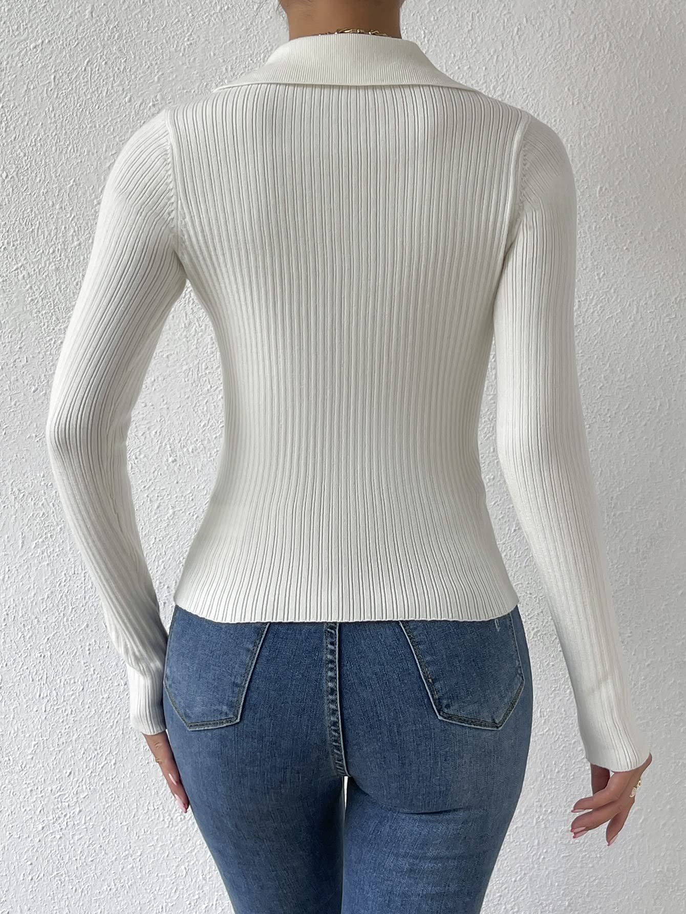 SHENHE Women's Casual V Neck Long Sleeve Knitted Pullover Polo Sweater Jumper Tops White L