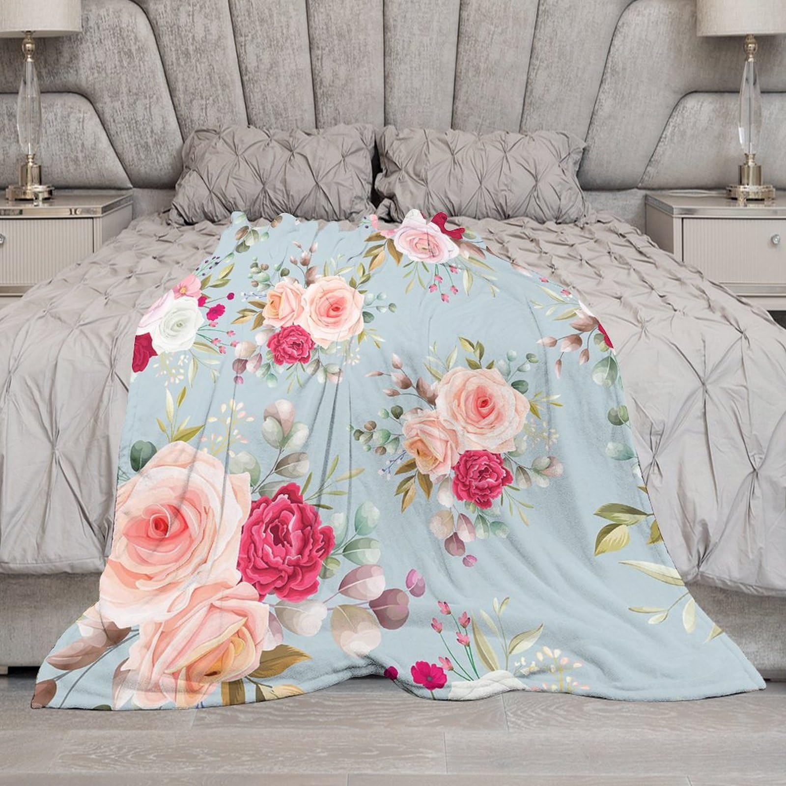 Floral Twig Theme Blanket, Bird On A Twig, Blue Background Theme Flannel Soft Blanket, Women Women Sofa Warm Blanket 60"x80"
