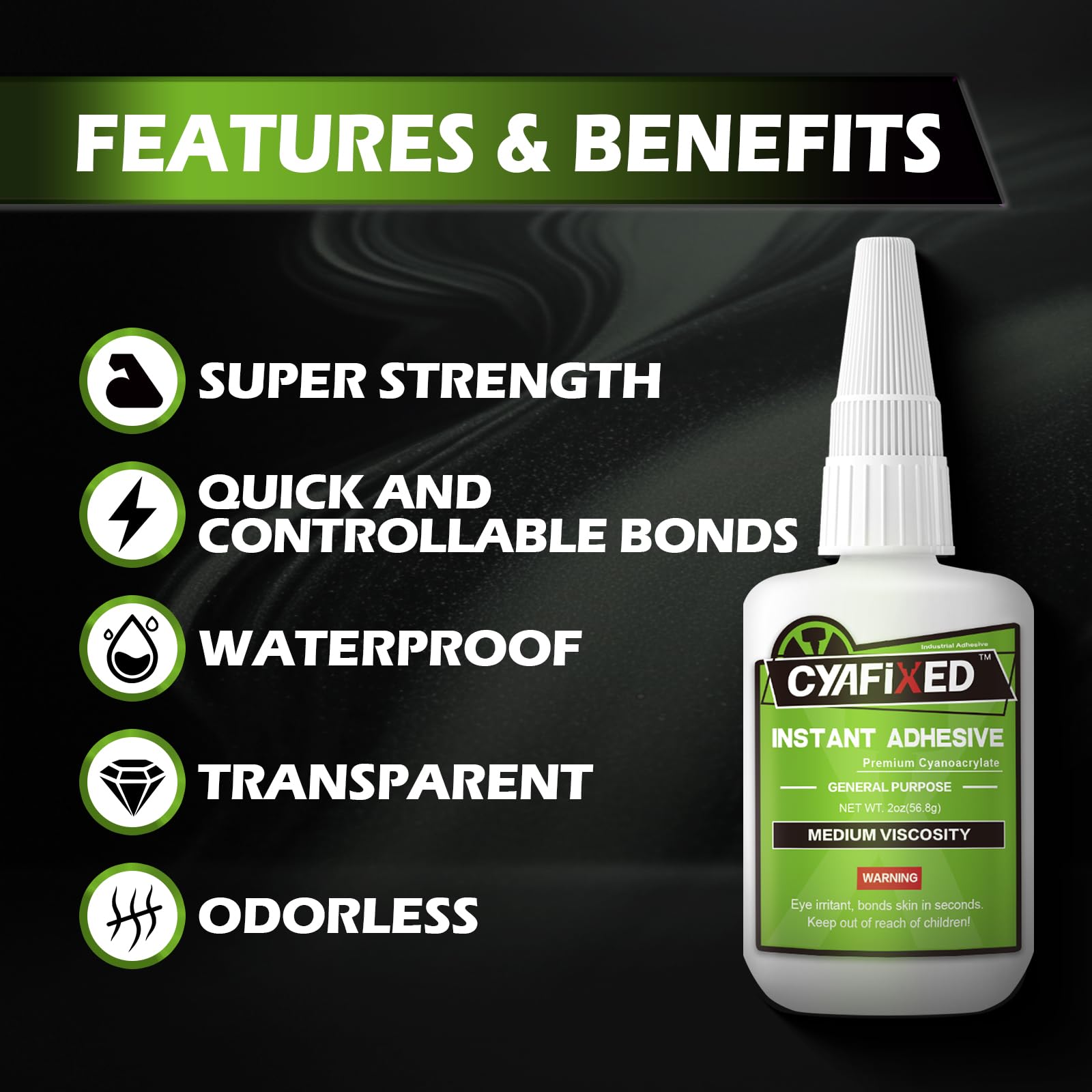 Strong Cyanoacrylate (CA) Super Glue by CYAFIXED - 4 Oz Value Pack -"All Purpose" Medium Viscosity Adhesive, Instant Bonding Glue for General Home Repair, Ceramics, Wood, Glass, Plastics and More
