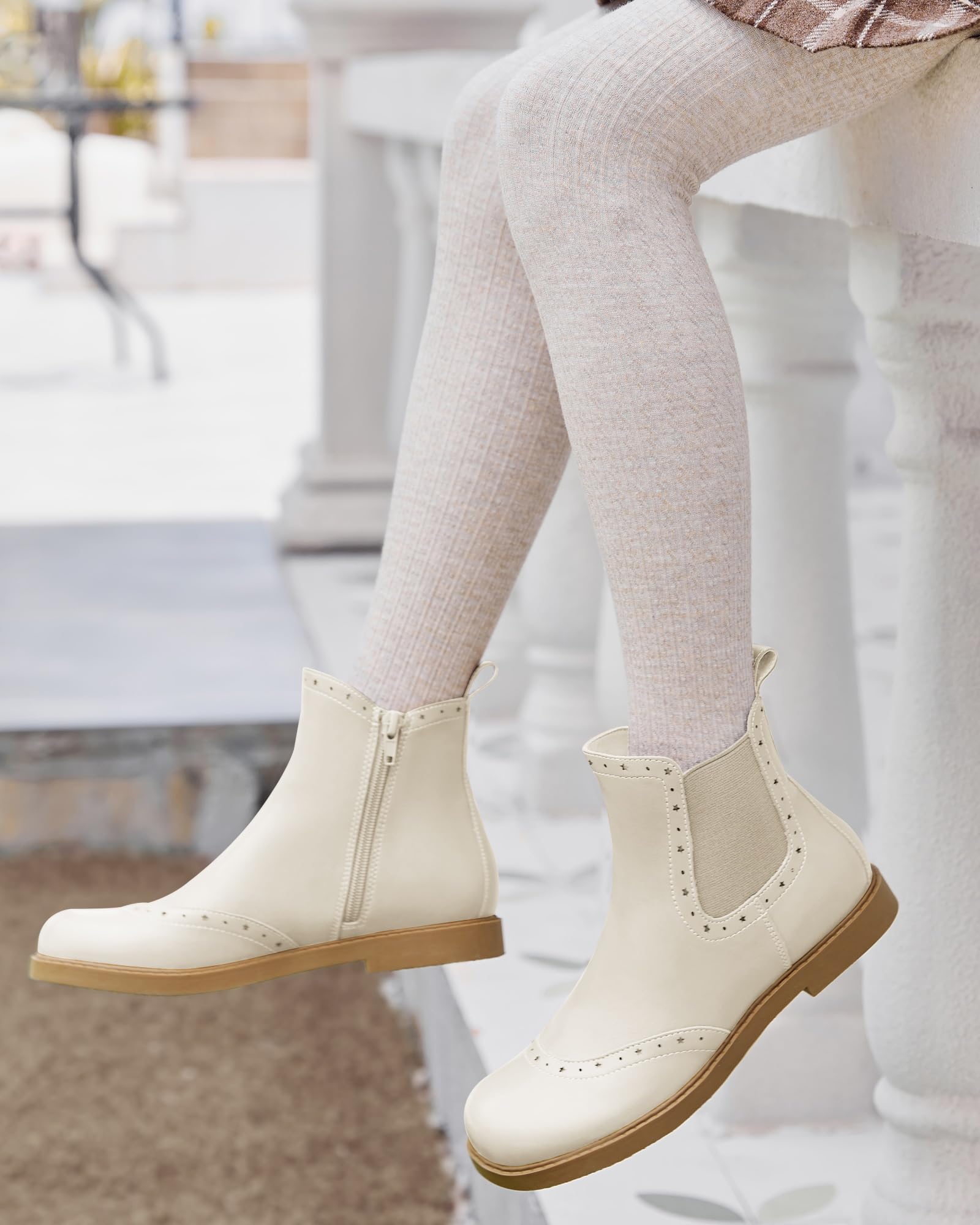 Coutgo Girls Chelsea Ankle Boots Side Zipper Comfortable Combat Dress Booties for Toddler/Little Kid/Big Kids, Beige, Size 2