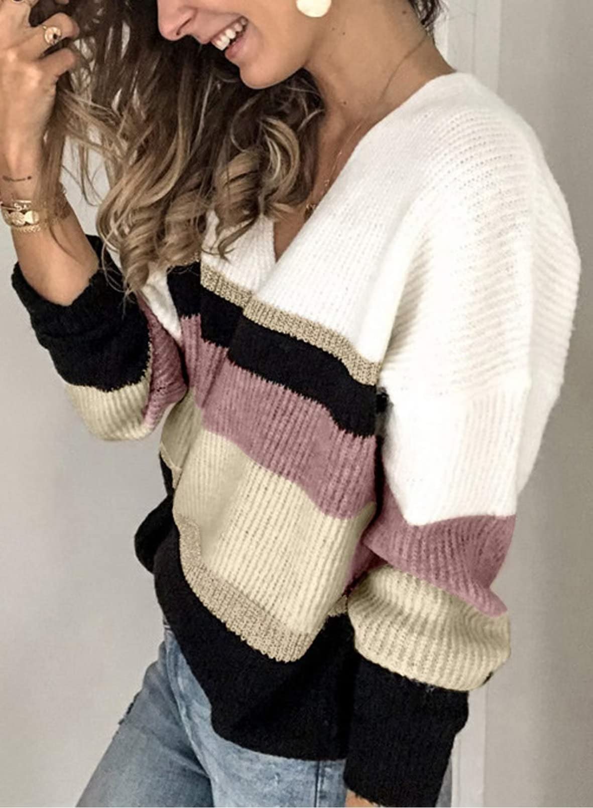 Elapsy Womens Winter Casual Knit Pullover Sweater for Juniors Loose Long Sleeve V Neck Color Block Striped Slouchy Warm Jumper Sweater Brown S