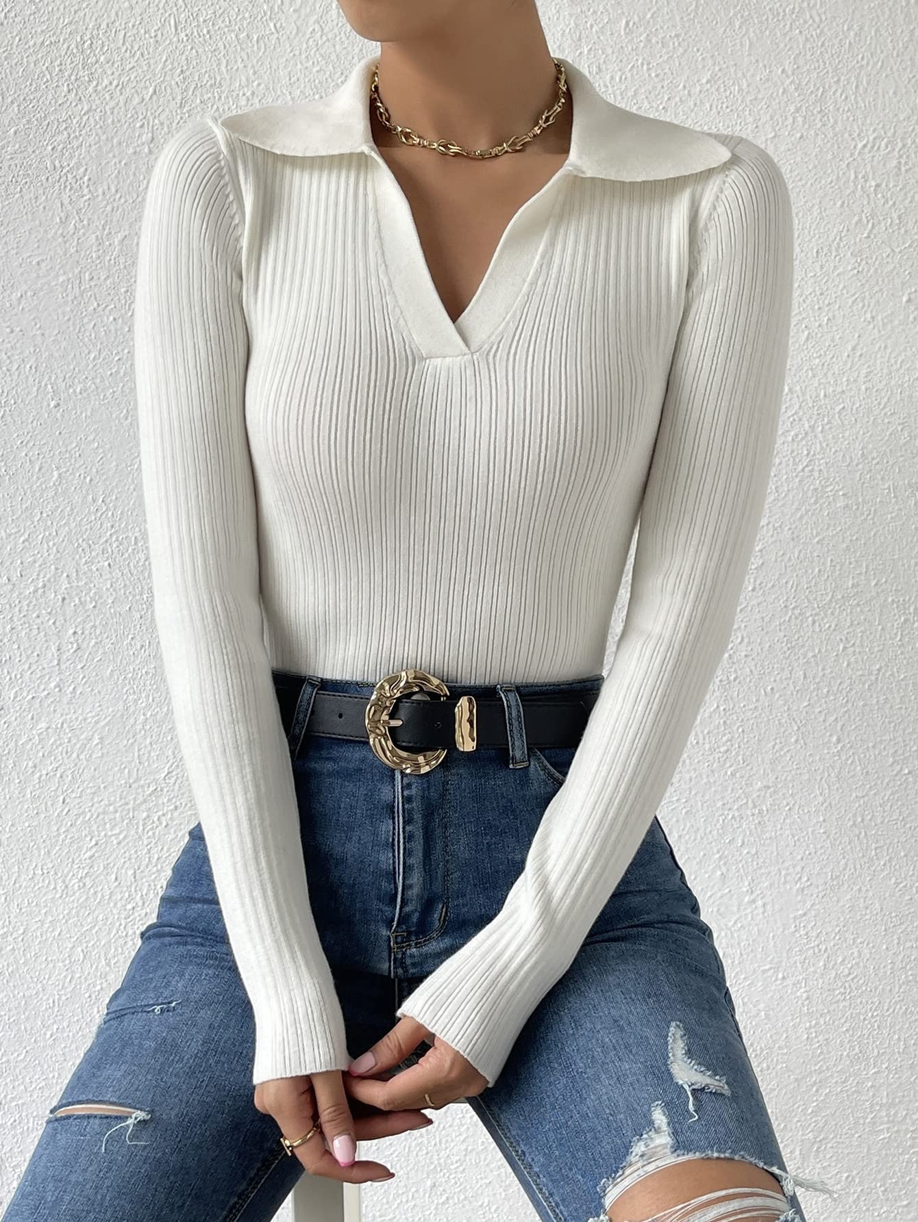 SHENHE Women's Casual V Neck Long Sleeve Knitted Pullover Polo Sweater Jumper Tops White L