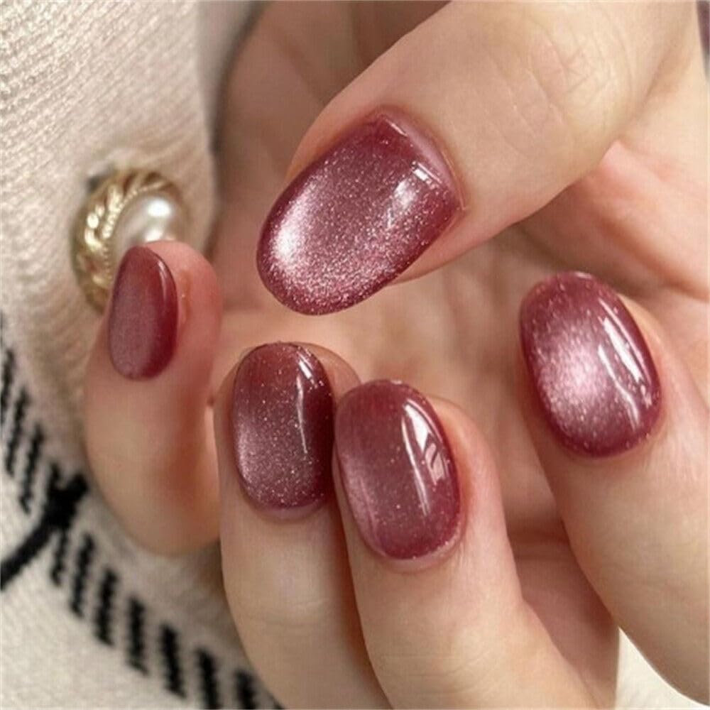 Press on Nails Short Square Acrylic Fake Nails with Apricot Design Full Cover False Nails Glossy Nude Glue on Nails Artificial Stick on Nails for Women 24Pcs (Cat Eye Pink)