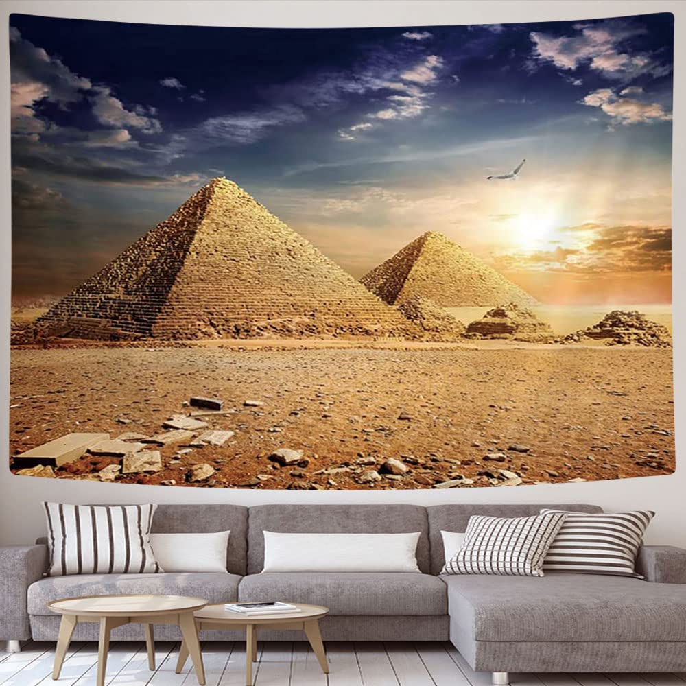 JAWO Egypt Travel Tapestry Wall Hanging, Egyptian Pyramids History in Desert and Flying Eagle Bird Nature Sunshine, Home Decor Tapestries Wall Blanket for Living Room Bedroom Dorm 80 X 60 Inches