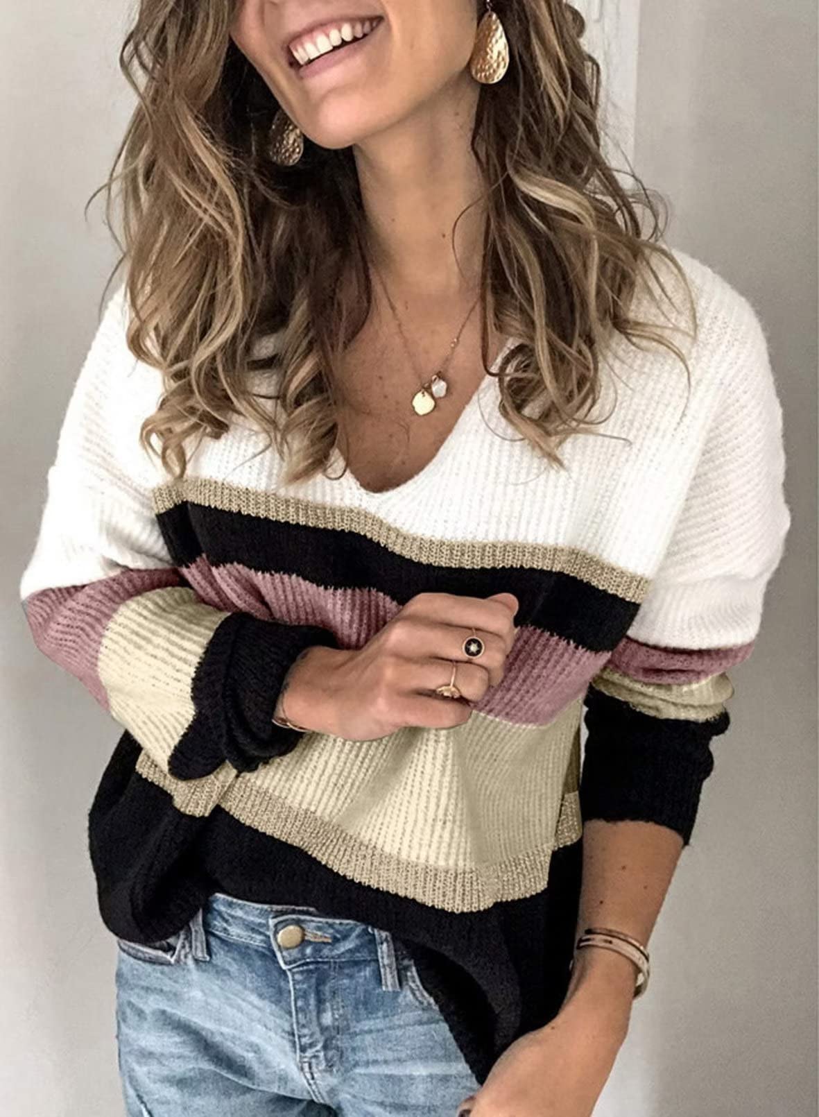 Elapsy Womens Winter Casual Knit Pullover Sweater for Juniors Loose Long Sleeve V Neck Color Block Striped Slouchy Warm Jumper Sweater Brown S