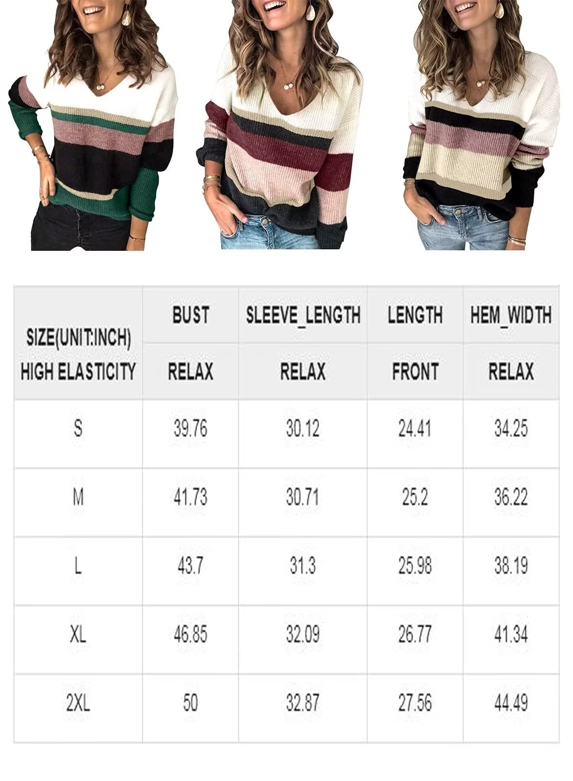 Elapsy Womens Winter Casual Knit Pullover Sweater for Juniors Loose Long Sleeve V Neck Color Block Striped Slouchy Warm Jumper Sweater Brown S