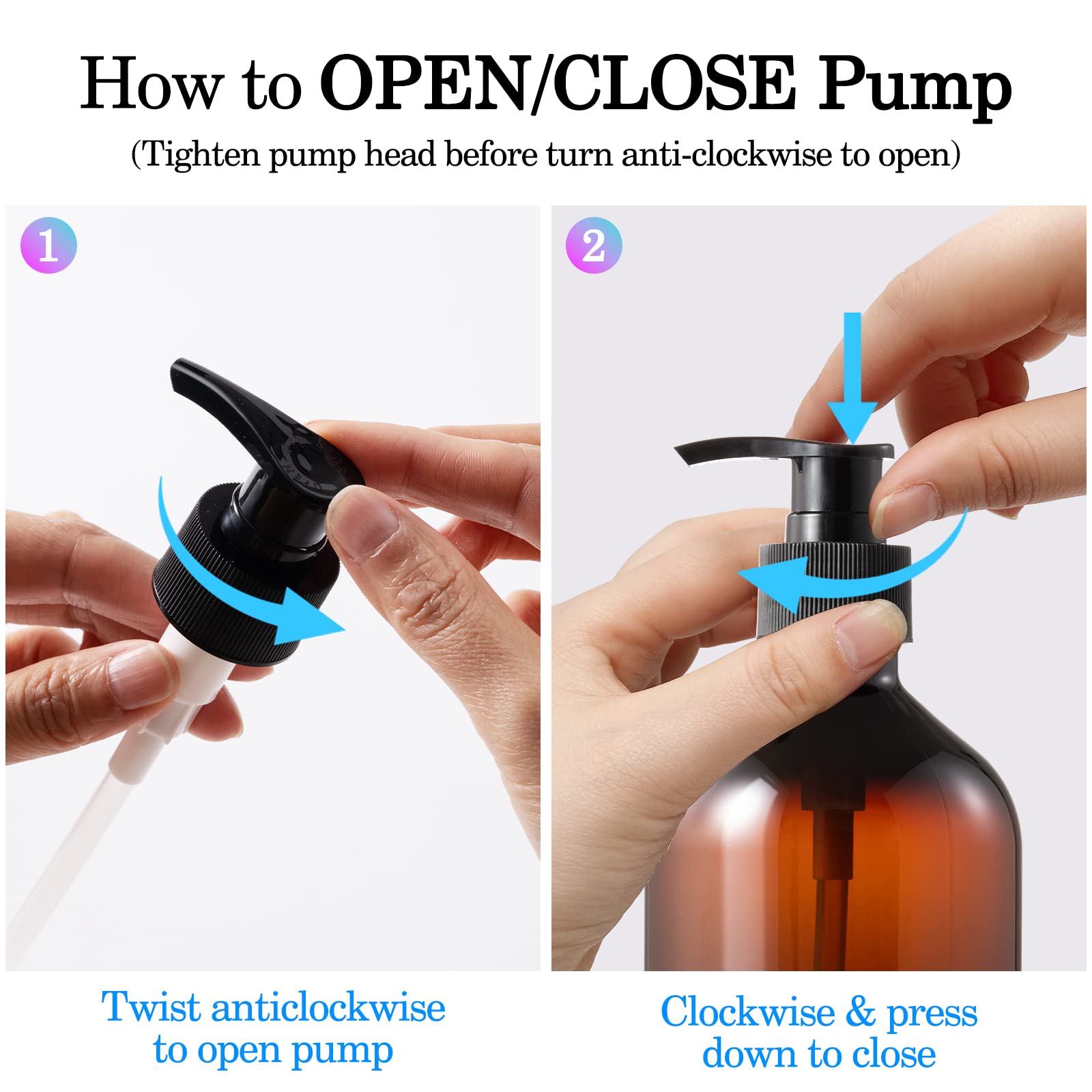 6 Pack Plastic Pump Bottles Dispenser, 16oz/500ml Empty Cylinder Shampoo Soap Dispenser, Refillable Containers with Extra Sprayer Pump Labels for Body Wash, Lotion, Gel(Amber)