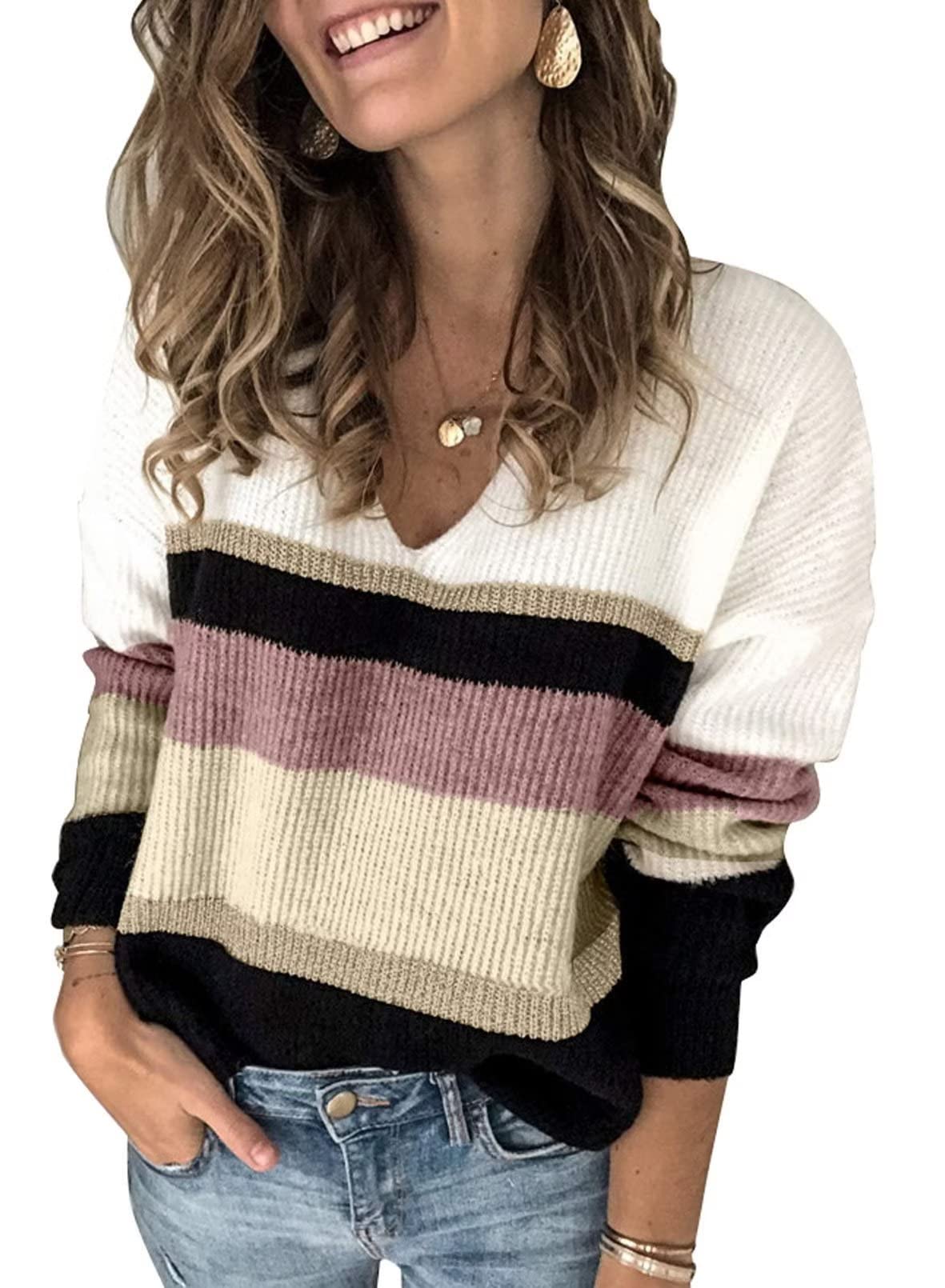 Elapsy Womens Winter Casual Knit Pullover Sweater for Juniors Loose Long Sleeve V Neck Color Block Striped Slouchy Warm Jumper Sweater Brown S
