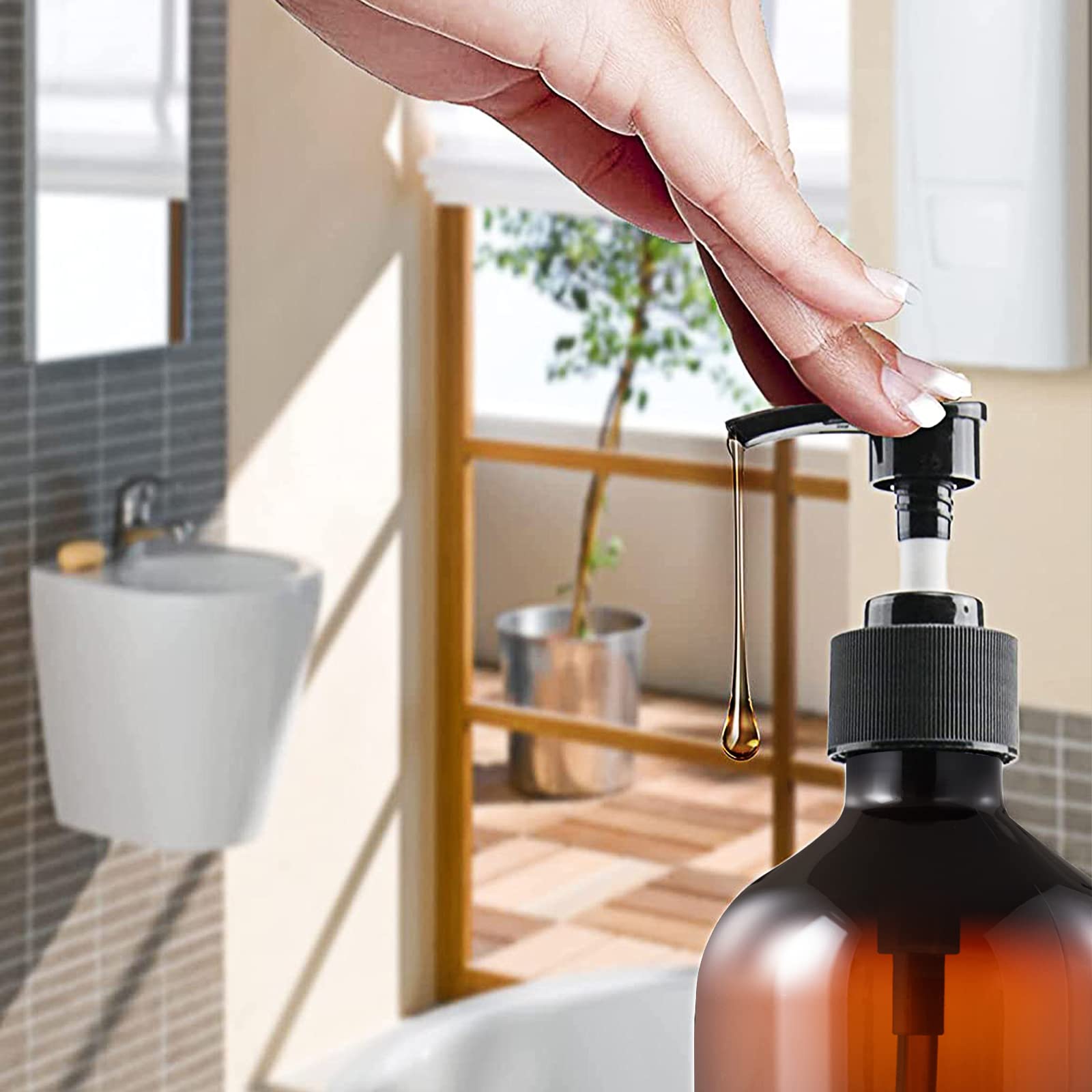 6 Pack Plastic Pump Bottles Dispenser, 16oz/500ml Empty Cylinder Shampoo Soap Dispenser, Refillable Containers with Extra Sprayer Pump Labels for Body Wash, Lotion, Gel(Amber)