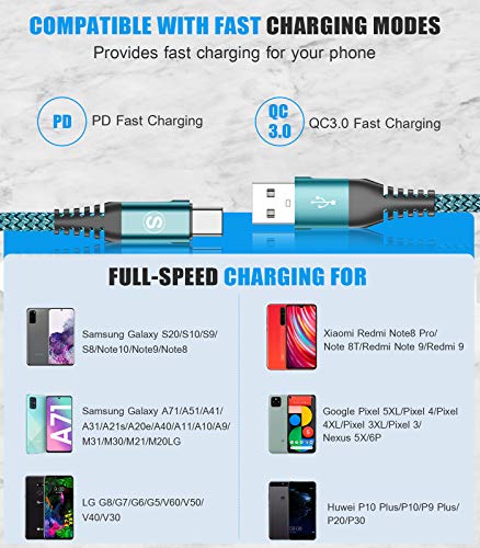sweguard USB C Cable 3.1A Fast Charging [2-Pack,3.3ft+3.3ft], USB-A to USB-C Charger Nylon Braided Cord for Samsung Galaxy S22 S21 S20 S10 S9 S8 Plus/FE Note 20 10 9 8, A71 A51 A32,LG,Moto,PS5-Green