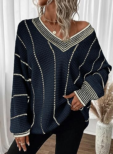 Dokotoo Women Sweater Casual Striped Tunic Long Sleeve Cute Oversized V Neck Knitted Pullover Sweaters for Women Blue X-Large