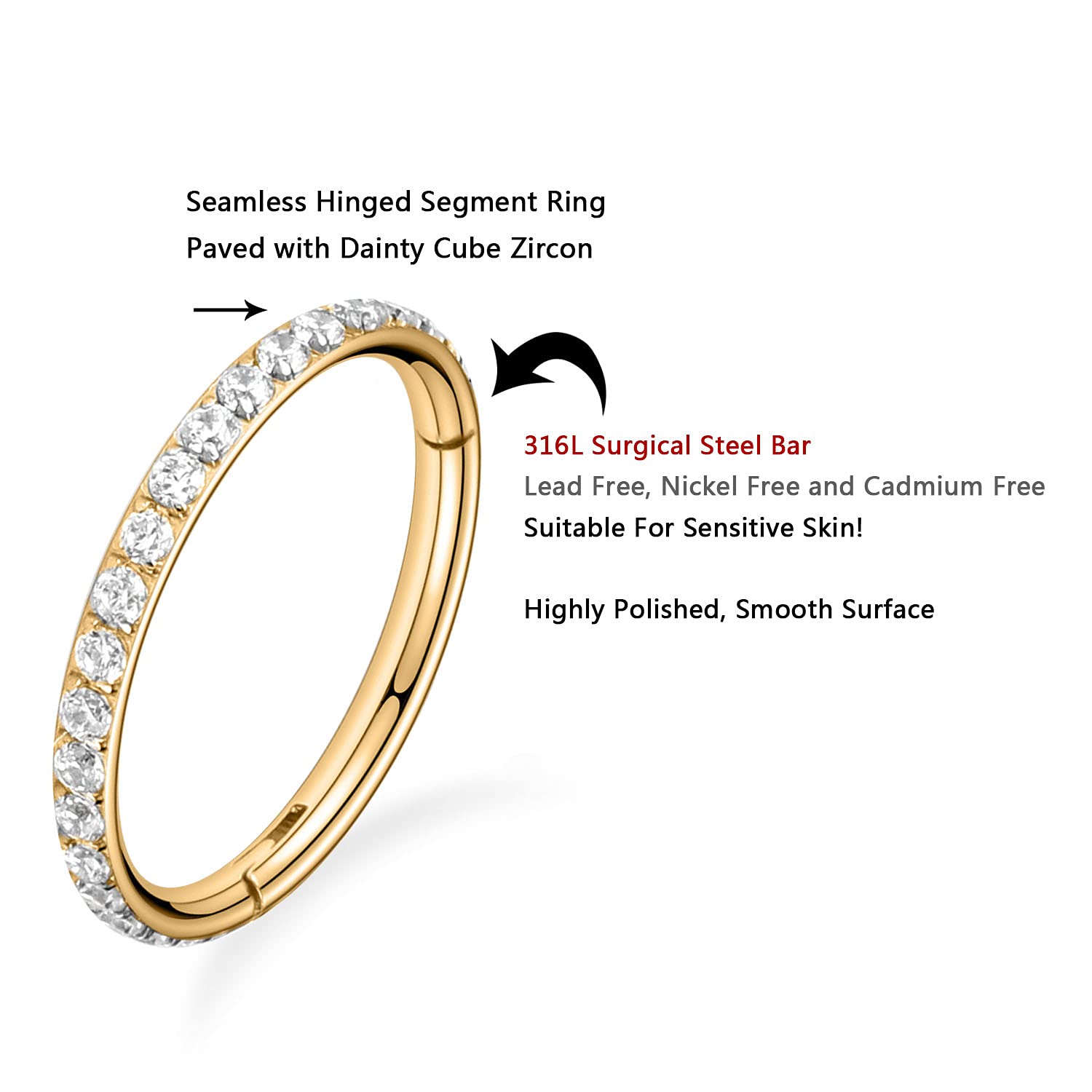 FUNLMO 18G Cartilage Earring Hoop Surgical Steel Gold Septum Ring Nose Ring Daith Earrings 6mm