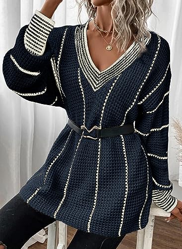 Dokotoo Women Sweater Casual Striped Tunic Long Sleeve Cute Oversized V Neck Knitted Pullover Sweaters for Women Blue X-Large