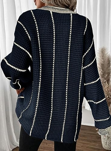 Dokotoo Women Sweater Casual Striped Tunic Long Sleeve Cute Oversized V Neck Knitted Pullover Sweaters for Women Blue X-Large