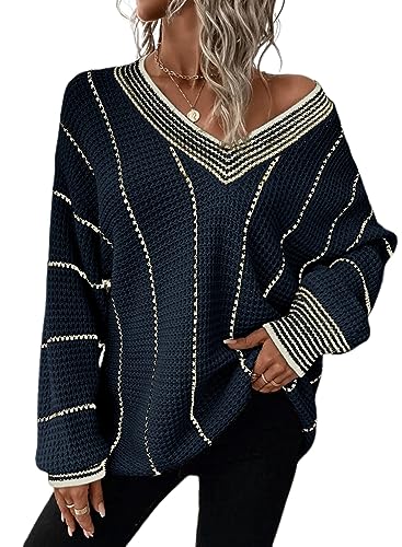 Dokotoo Women Sweater Casual Striped Tunic Long Sleeve Cute Oversized V Neck Knitted Pullover Sweaters for Women Blue X-Large