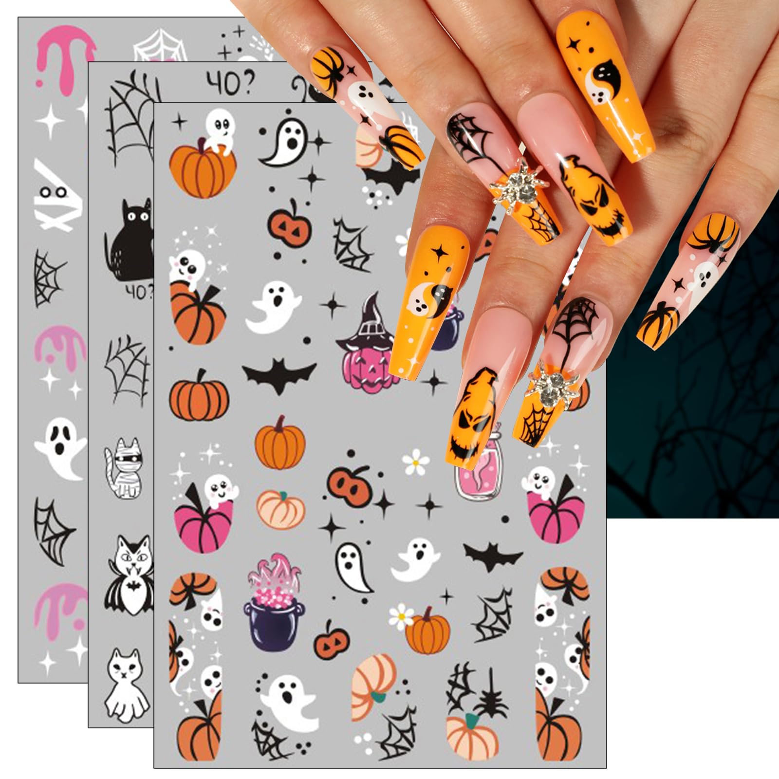 JMEOWIO 9 Sheets Cute Halloween Nail Art Stickers Decals Self-Adhesive Pegatinas Uñas Skull Horror Ghost Witchy Spider Web Bat Pumpkin Spook Nail Supplies Nail Art Design Decoration Accessories