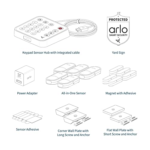 Arlo Home Security System - Wired Keypad Sensor Hub, (5) 8-in-1 Sensors, Yard Sign, 24/7 Professional Monitoring- No Contract Required, DIY Installation, Alarm System for Home Security - SS1501