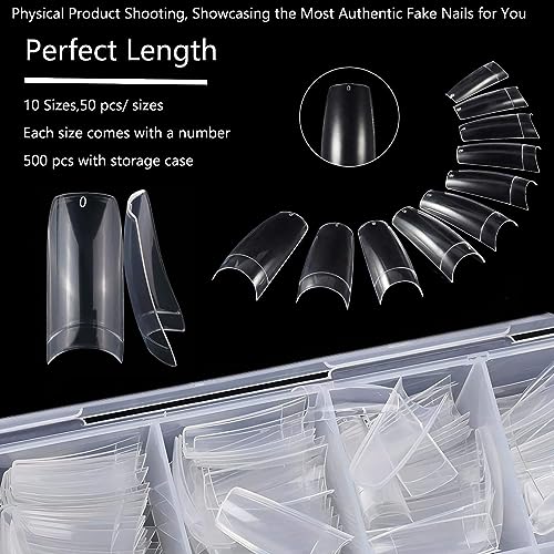GoLashFun 500PCS French Nail Tips Half Cover,CLear Lady French Style Acrylic Half Square False Nail Art Tips 10 Sizes Artificial Fake Nails for Nail Manicure Salon