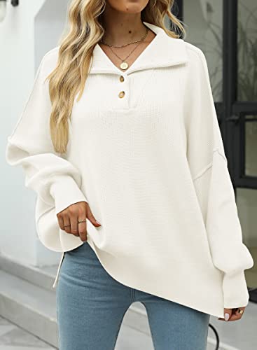 LILLUSORY Women's Long Sleeve Button Up Drop Shoulder Sweaters 2023 Fall Oversized Slit Side Knit Pullover Sweater White