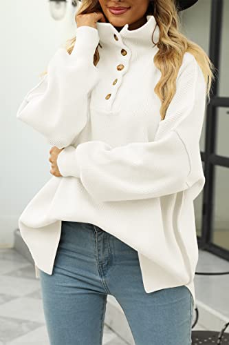 LILLUSORY Women's Long Sleeve Button Up Drop Shoulder Sweaters 2023 Fall Oversized Slit Side Knit Pullover Sweater White