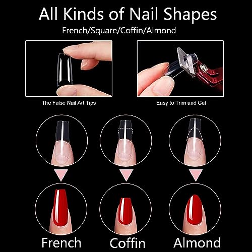 GoLashFun 500PCS French Nail Tips Half Cover,CLear Lady French Style Acrylic Half Square False Nail Art Tips 10 Sizes Artificial Fake Nails for Nail Manicure Salon