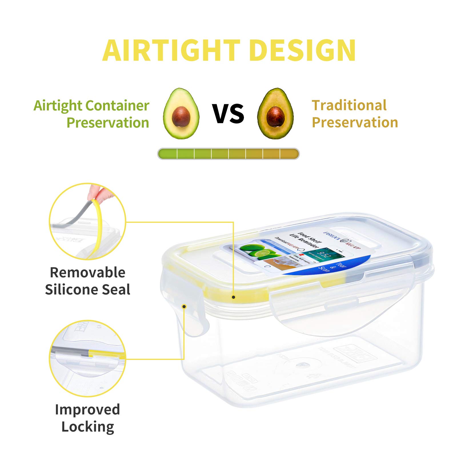 KIGI 6 Pack 6OZ Airtight Plastic Food Storage Containers Set 180ML Rectangular Small Bento Box with Lid
