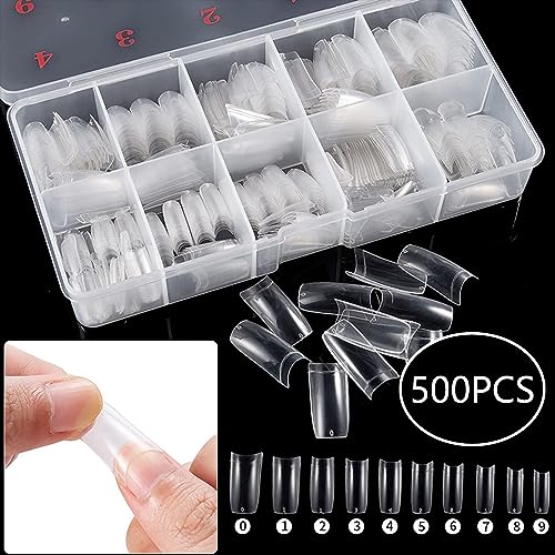 GoLashFun 500PCS French Nail Tips Half Cover,CLear Lady French Style Acrylic Half Square False Nail Art Tips 10 Sizes Artificial Fake Nails for Nail Manicure Salon
