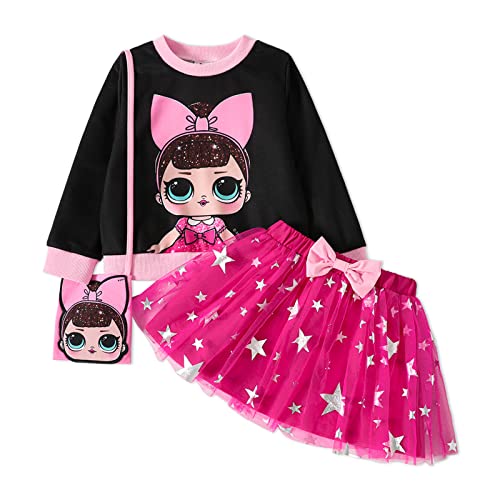 L.O.L. Surprise! Girl Birthday Skirt Set with Cute Bag, Long Sleeve Print Pullover Tee Mesh Tutu Skirts 3 Piece Outfit Set