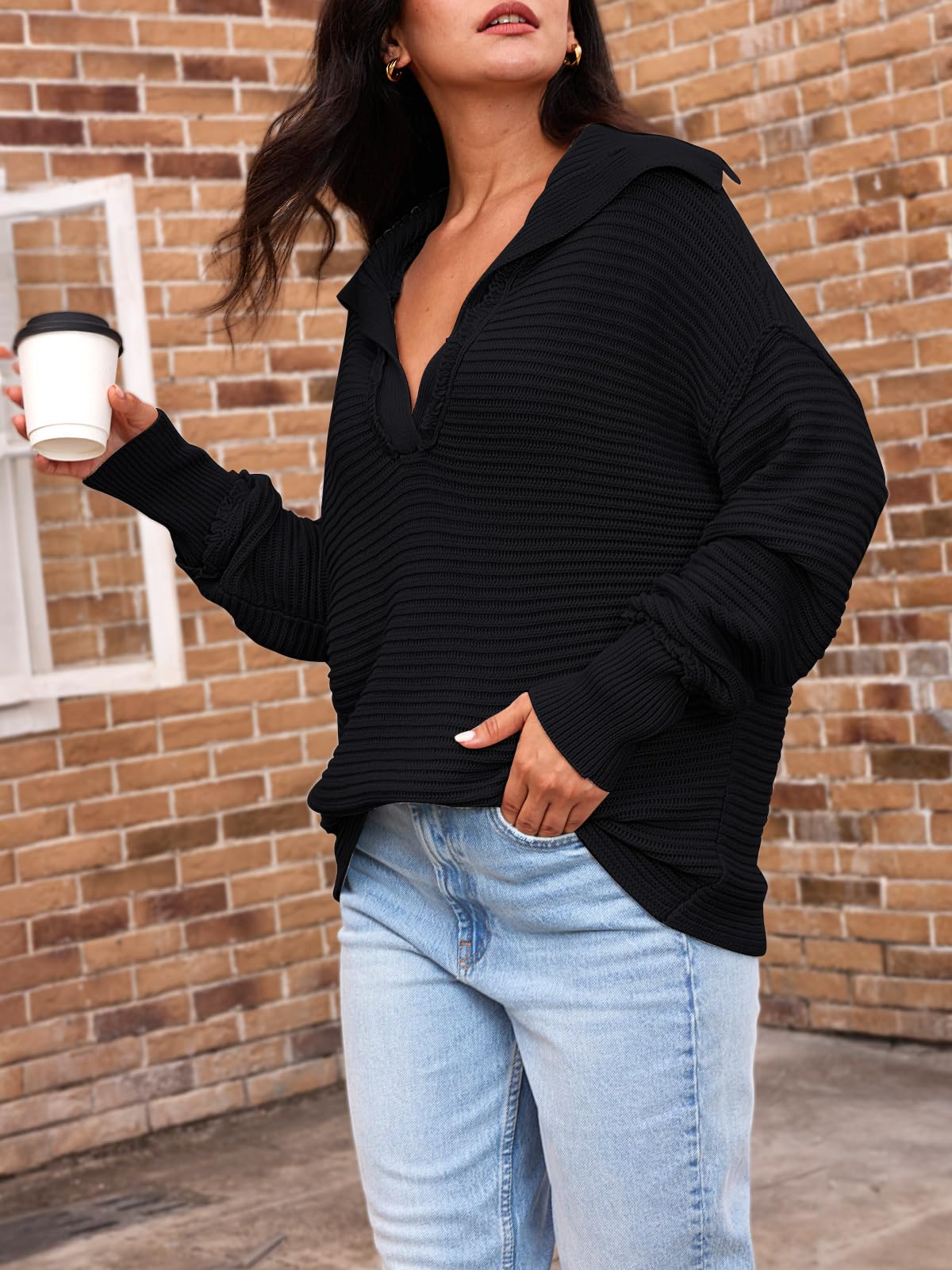 LILLUSORY Womens V Neck Oversized Sweaters Long Batwing Sleeve Asymmetrical Knit Pullover Fall Fashion 2025 Black M
