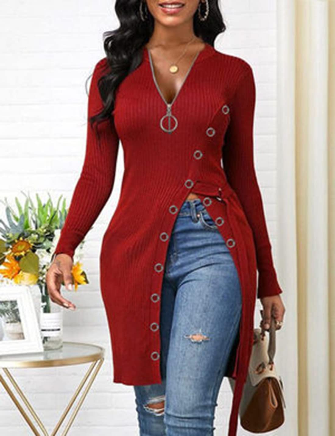 Omoone Women's Sexy Vneck Tshirts Tops Half Zip Long Sleeve Sweater Dress High Split Shirt Blouses Knitted Pullover Top (2868-Red-XL)