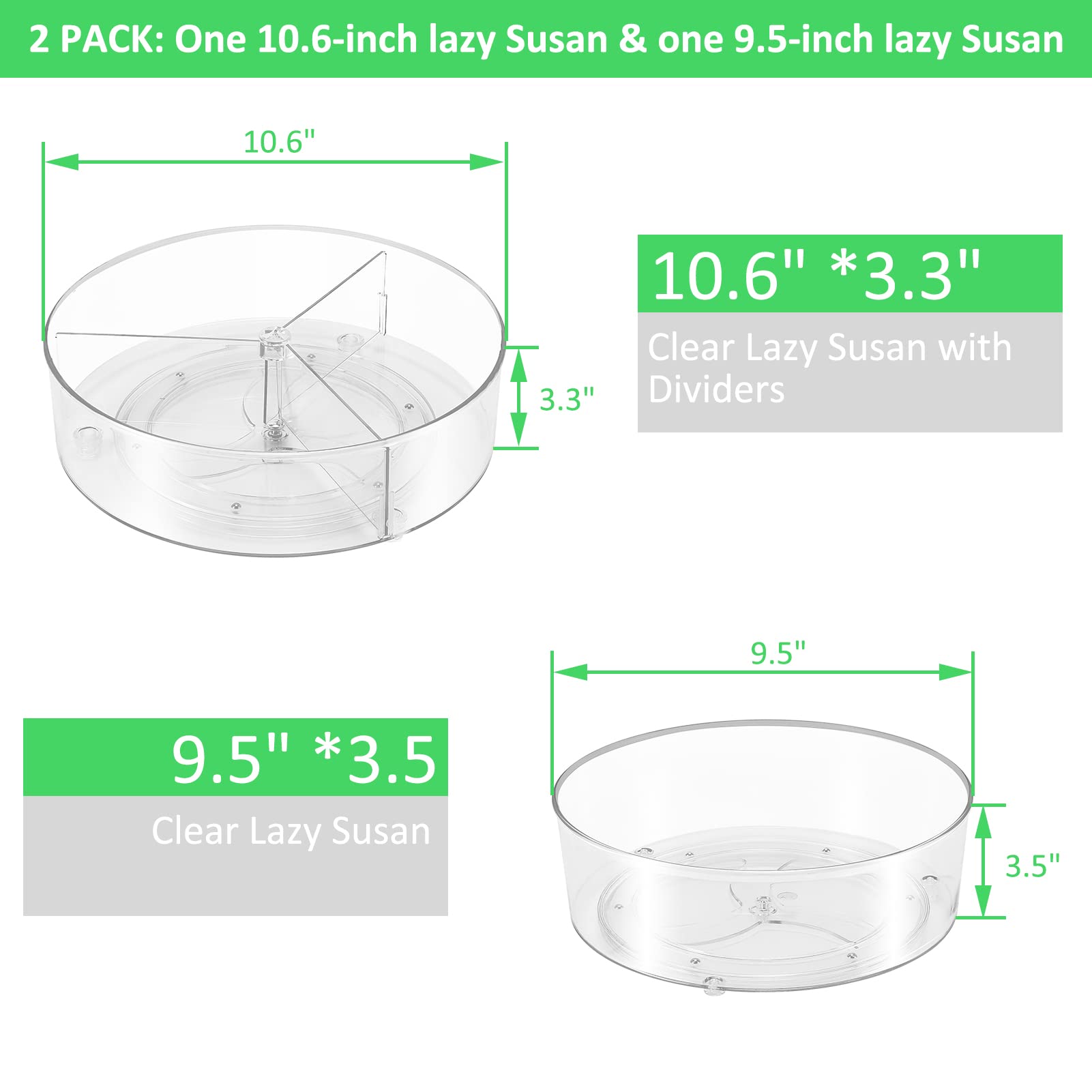 Lazy Susan Organizer, Clear Lazy Susan Turntable for Cabinet, Acrylic Lazy Susan for Table, Fridge Lazy Susan Organizer Bins 2 Pack (9 inch & 10 inch)