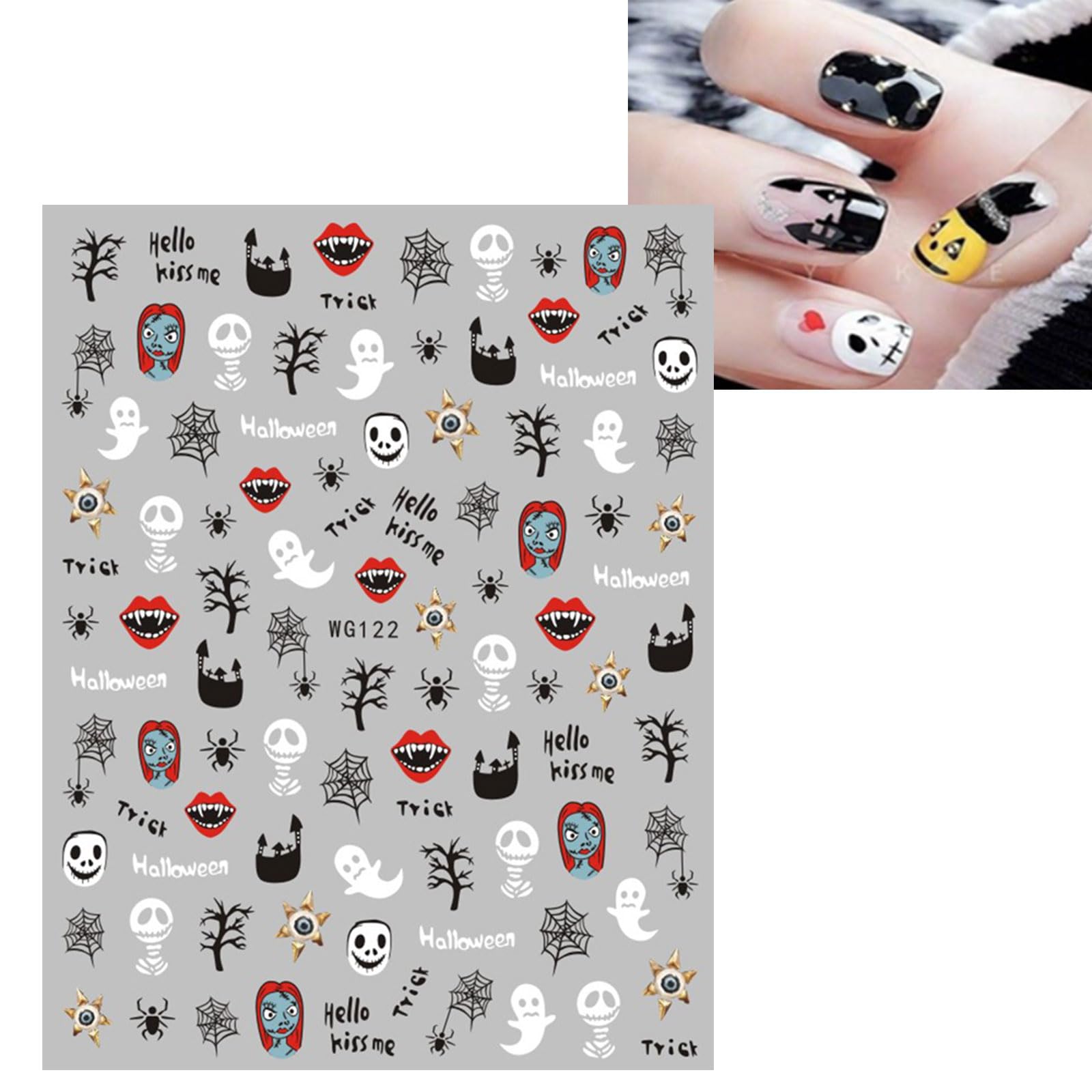 JMEOWIO 12 Sheets Halloween Nail Art Stickers Decals Self-Adhesive Pegatinas Uñas Cute Skull Ghost Spook Nail Supplies Nail Art Design Decoration Accessories