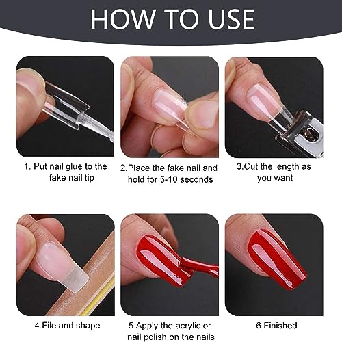 GoLashFun 500PCS French Nail Tips Half Cover,CLear Lady French Style Acrylic Half Square False Nail Art Tips 10 Sizes Artificial Fake Nails for Nail Manicure Salon