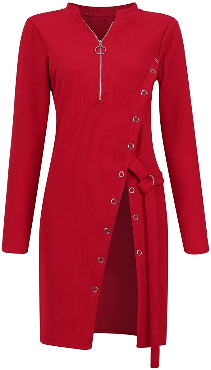 Omoone Women's Sexy Vneck Tshirts Tops Half Zip Long Sleeve Sweater Dress High Split Shirt Blouses Knitted Pullover Top (2868-Red-XL)