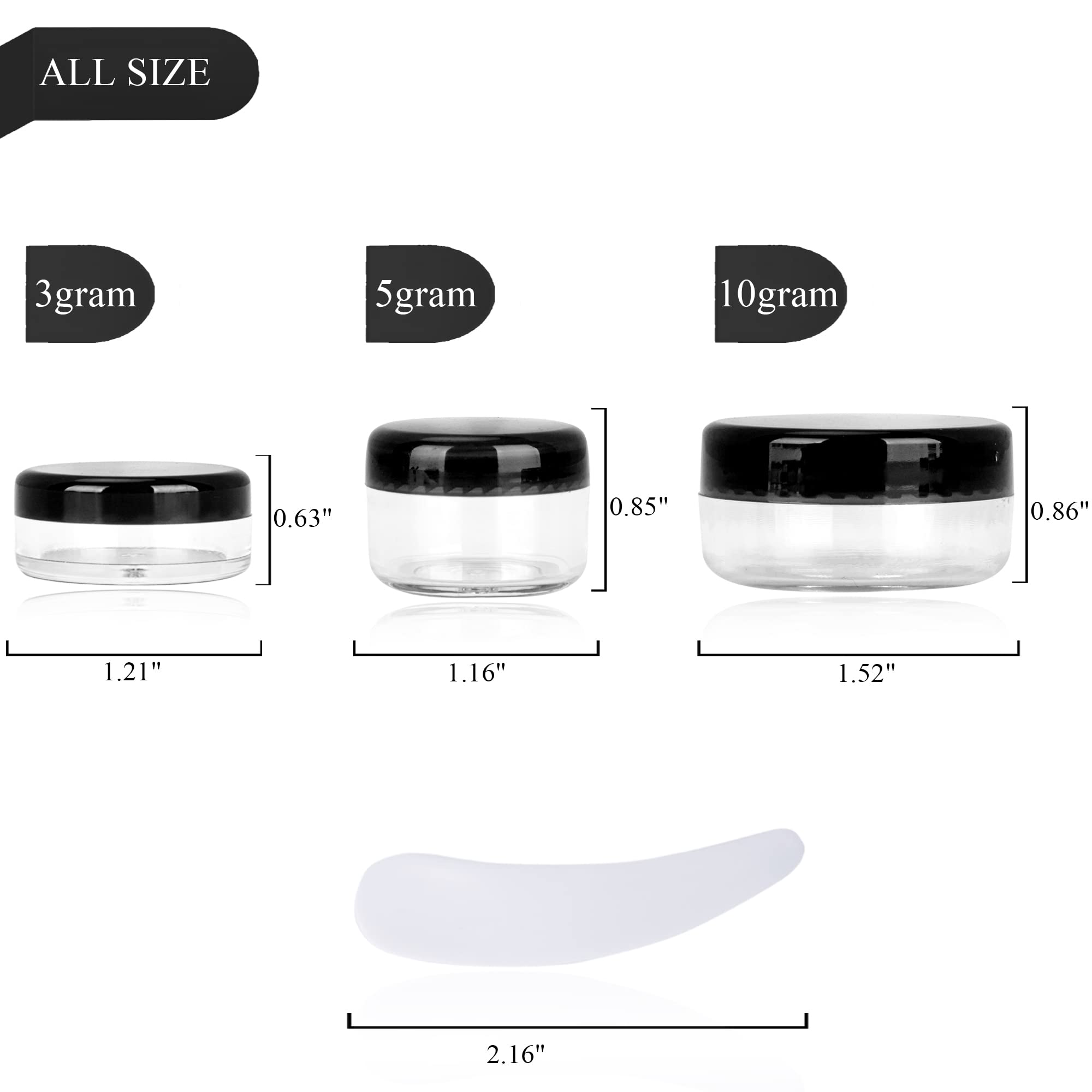 100PCS 5 Gram Sample Containers, 5ml Empty Jars with Lids, Small Cosmetic Containers, Mini Sample Jars with 8PCS Mini Spatulas for Make Up, Oils, Lotion, Powder, Paint, Jewelry, Lip Balms(Black Lid)