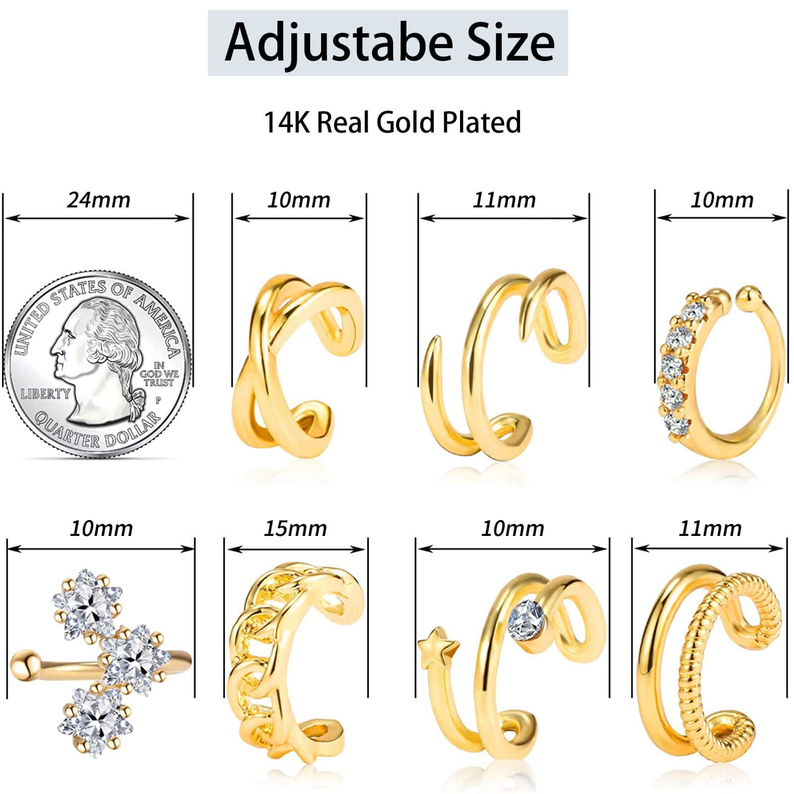 16 Pcs Clip on Earrings for Women Non Piercing, Ear Cuffs Adjustable Fake Clip On Earrings Set for Gift