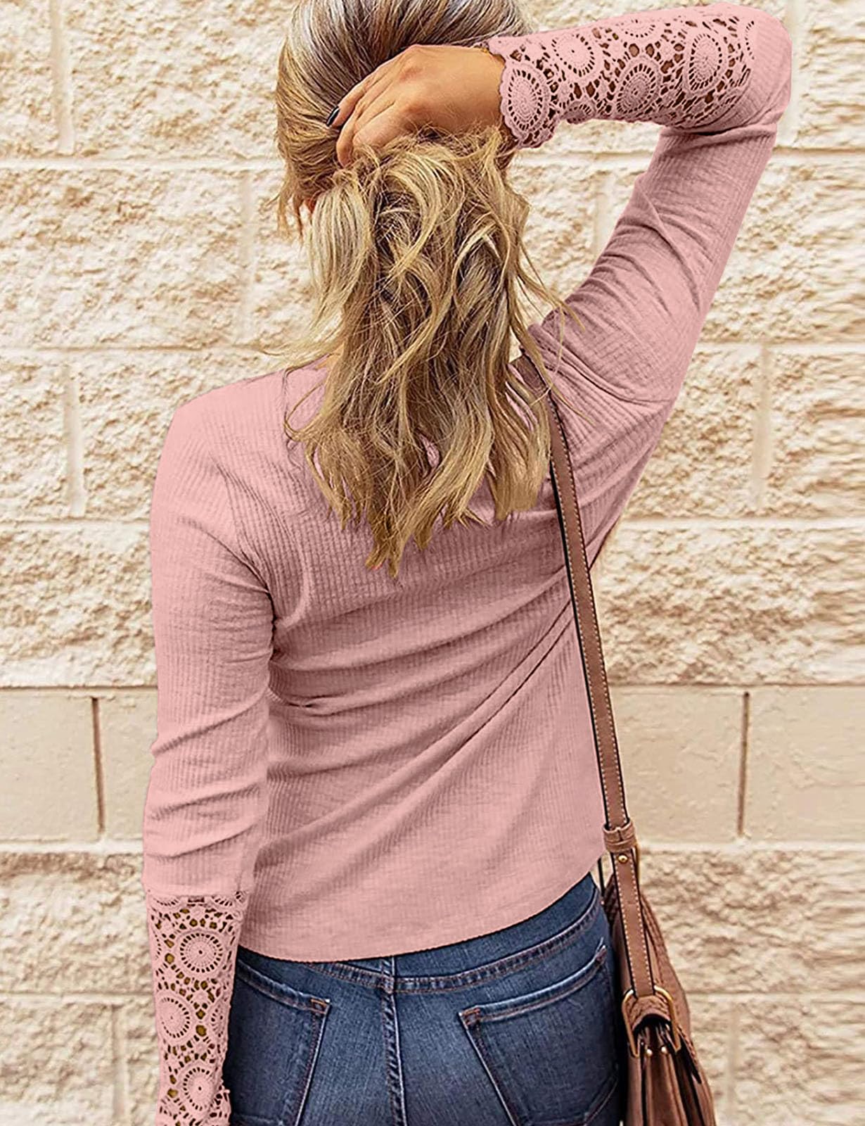 Kancystore Women's V Neck Waffle Knit Henley Tops Casual Long Sleeve Pullover Sweater Blouses Pink L