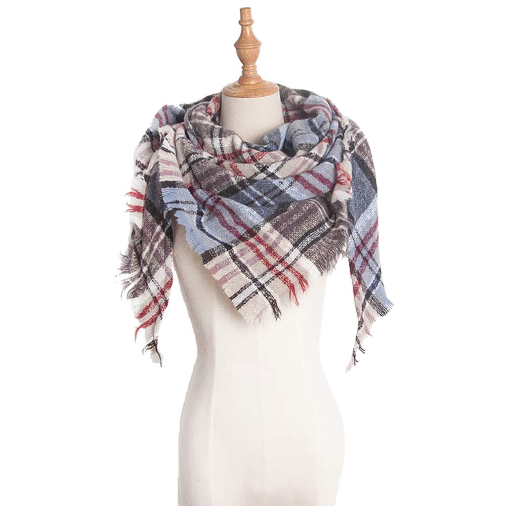 Wander Agio Womens Winter Warm Scarf Triangle Shawls Scarves Stripe Plaid Fichu Rough Blue 01